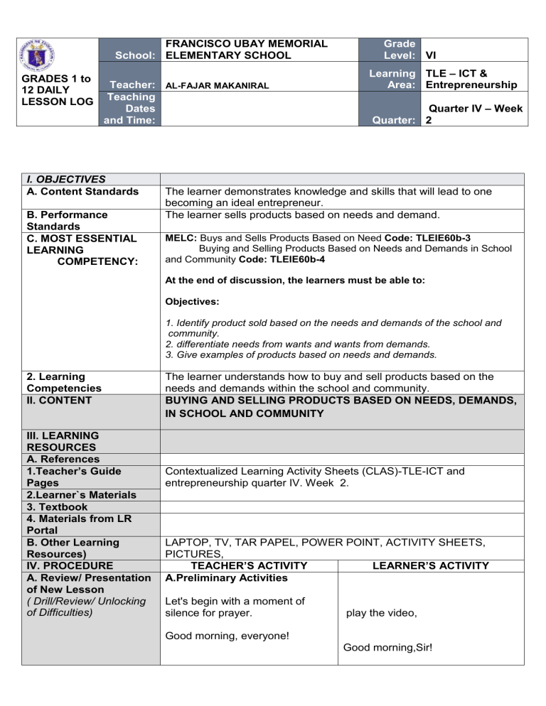 Grade 6 TLE: Buying & Selling - Daily Lesson Log