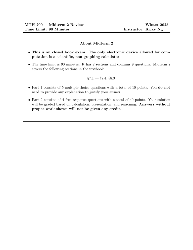 Math 200 Midterm 2 Review: Integration & Centroids