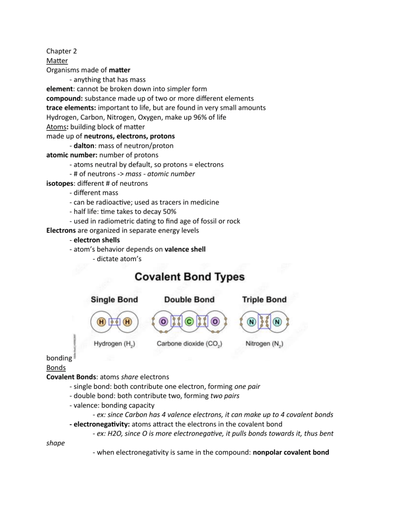 Matter, Atoms, and Chemical Bonds Lecture Notes