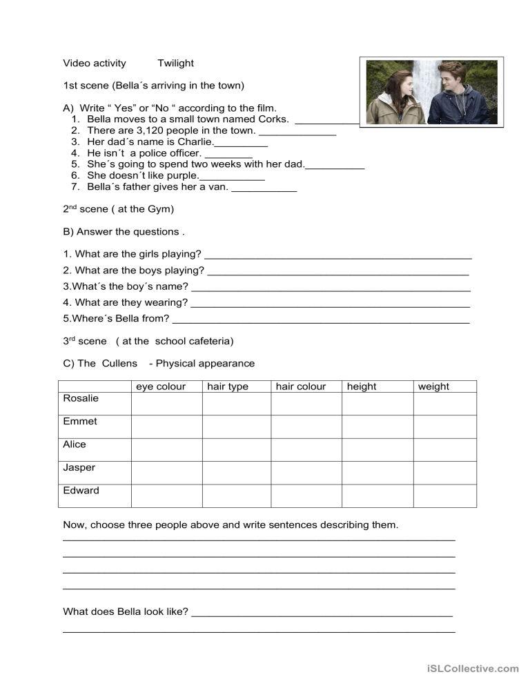 Twilight Movie Worksheet: Comprehension & Character Analysis
