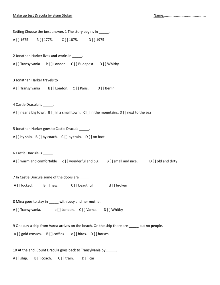 Dracula Test by Bram Stoker: Setting, Characters, Vocabulary