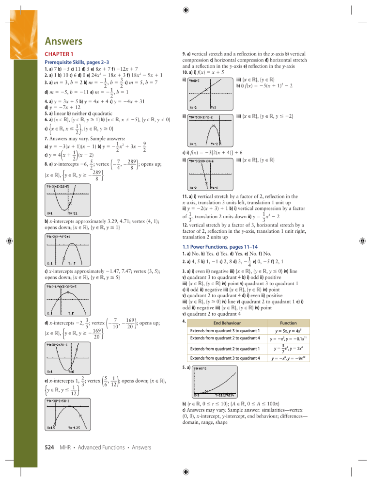 Polynomial Functions Answer Key - High School Math