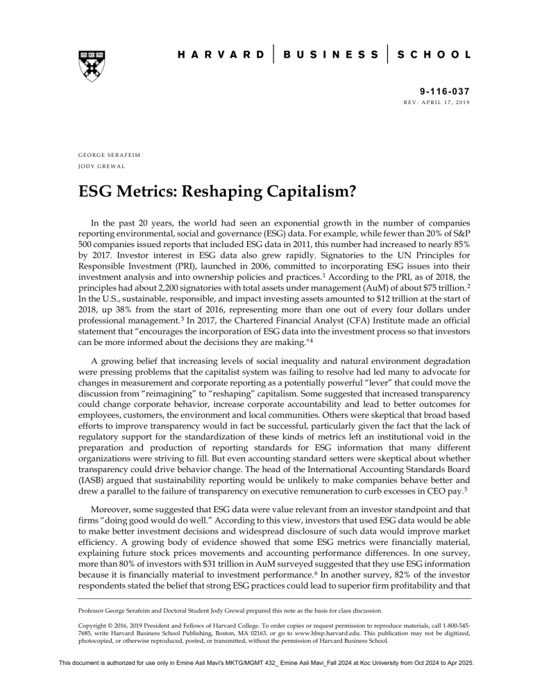 ESG Metrics: Reshaping Capitalism? Case Study