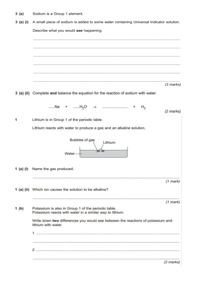 Alkali Metals & Water Reactions Worksheet