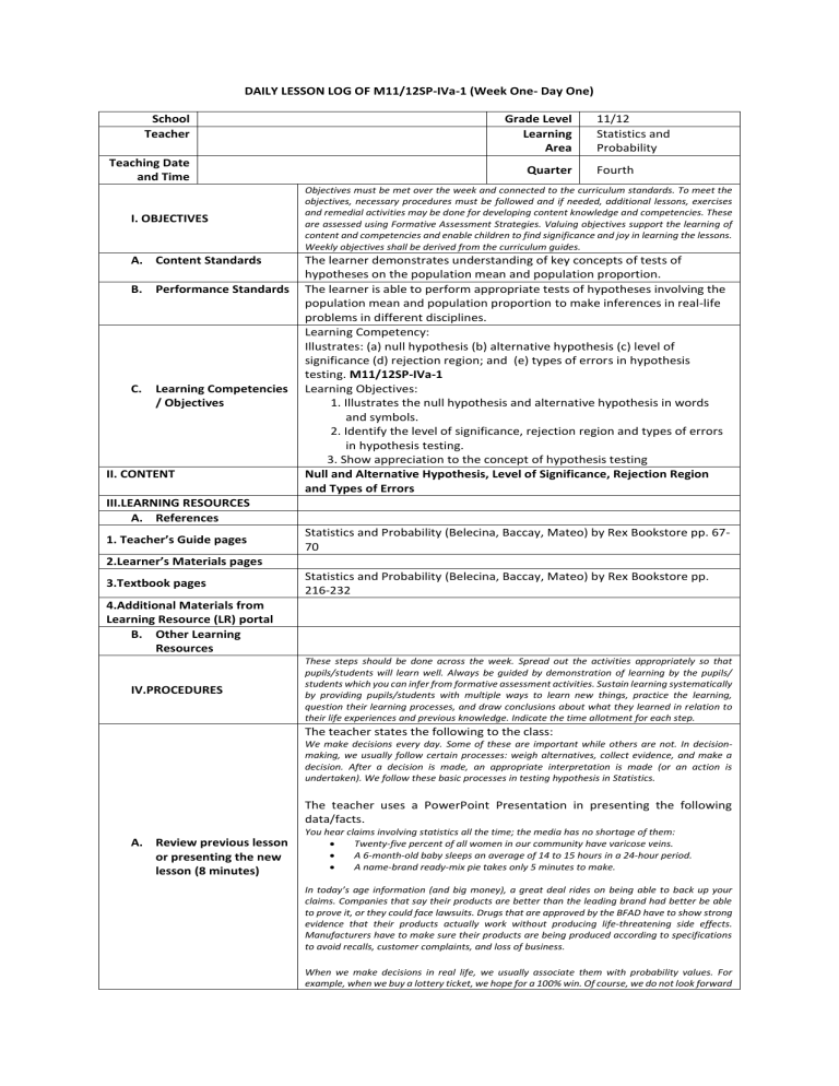 Statistics & Probability: Hypothesis Testing Lesson Log