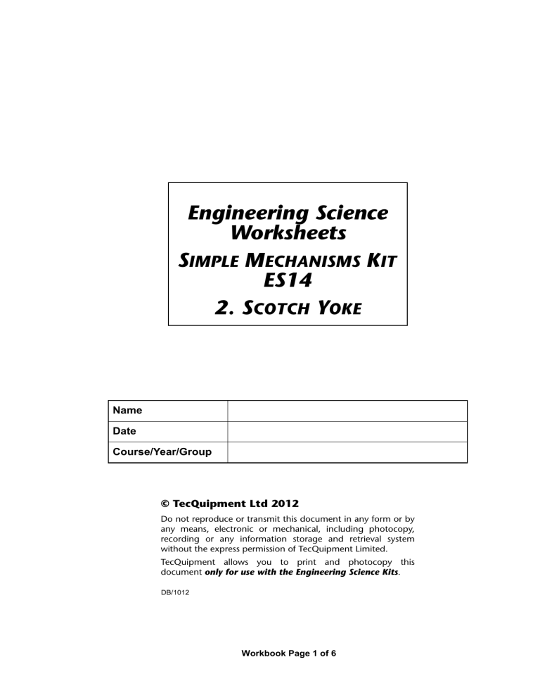 Scotch Yoke Mechanism Worksheet: Engineering Science ES14