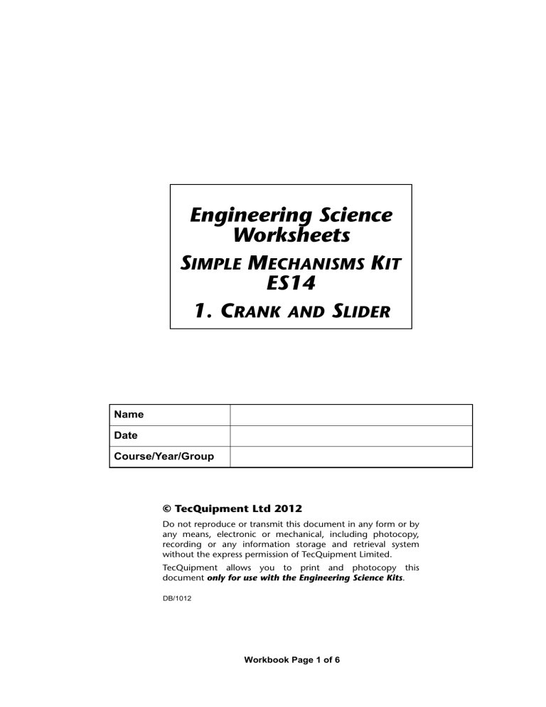 Crank and Slider Mechanism Worksheet | Engineering Science ES14
