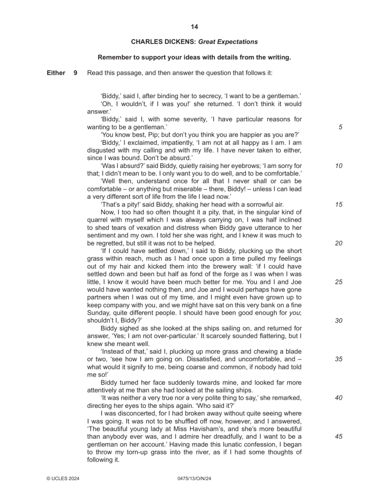 Great Expectations Exam Paper: Pip, Biddy, Miss Havisham