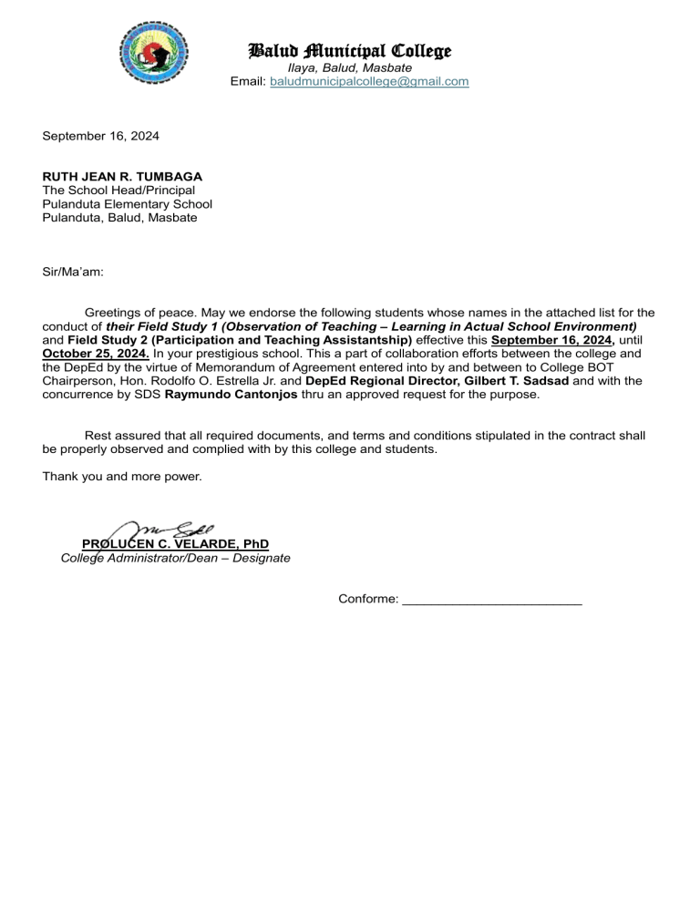 Field Study Endorsement Letter - Balud Municipal College