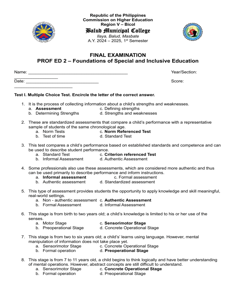 Special & Inclusive Education Final Exam - College