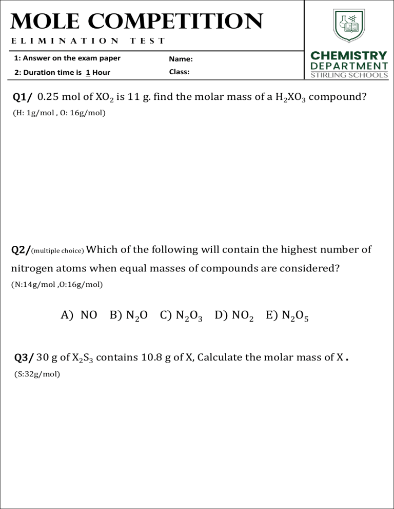 Mole Competition Elimination Test - Chemistry