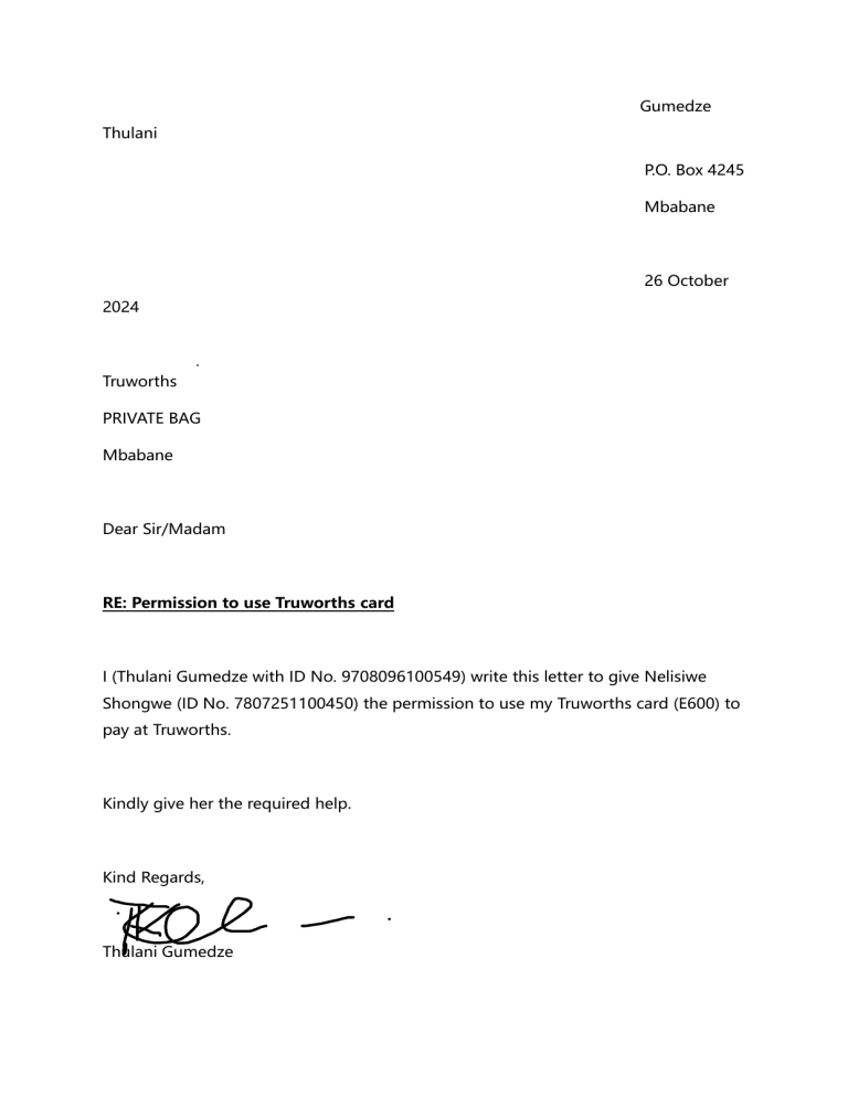 Truworths Card Permission Letter