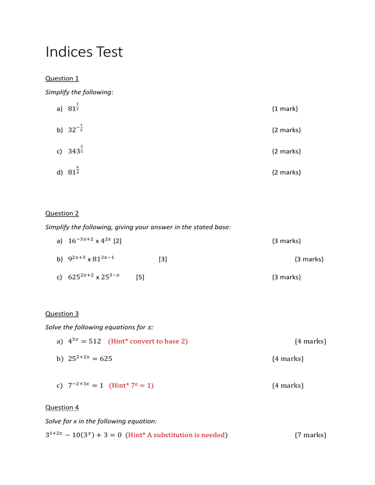 Indices Test: Exponent Rules & Equations
