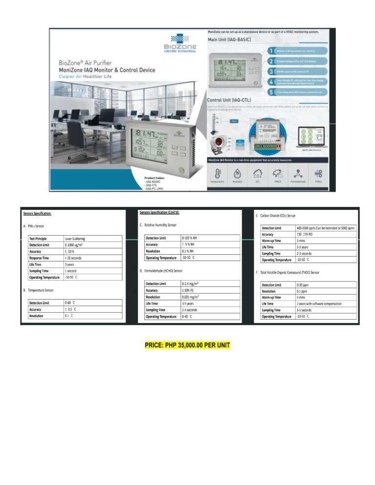 MoniZone IAQ Monitor Datasheet: Air Quality Sensors & Specs