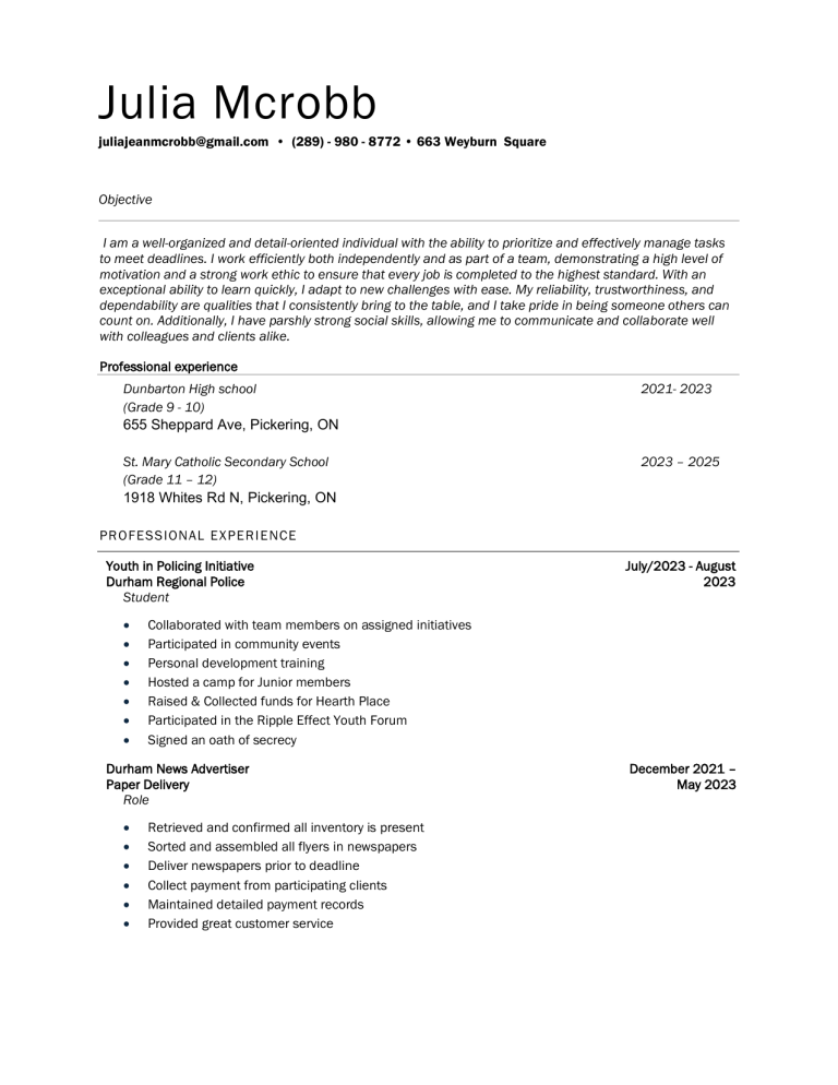 Julia Mcrobb Resume - Skills & Experience