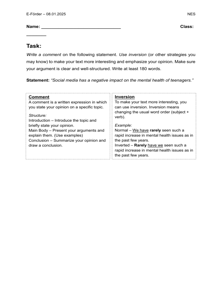 Social Media & Teen Mental Health: Inversion Worksheet