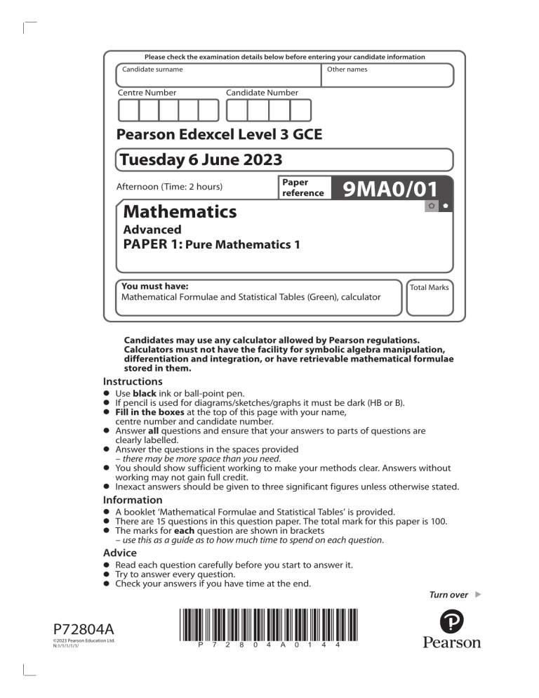 A Level Pure Mathematics 1 Exam Paper (9MA0/01)