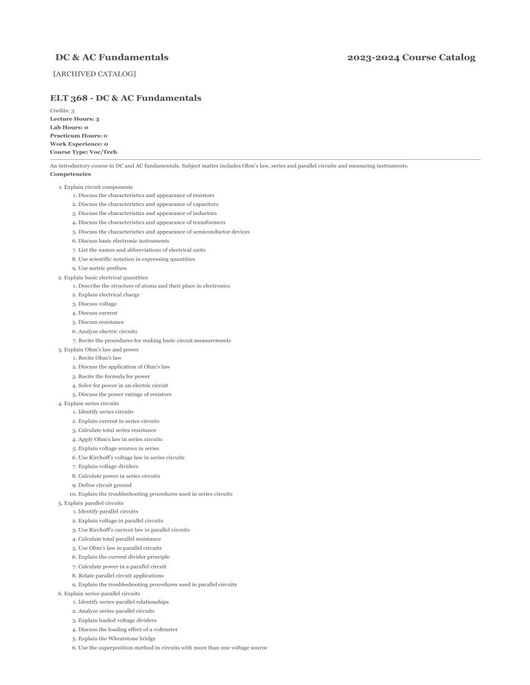 DC & AC Fundamentals Course Catalog | ELT 368