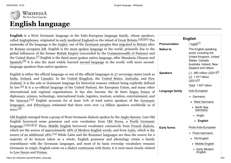 English Language: Origins, History & Global Usage - Wikipedia