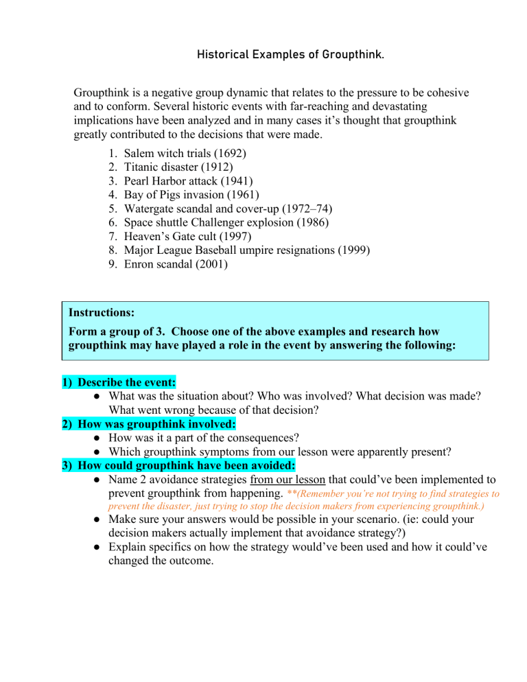 Groupthink Historical Examples & Analysis Assignment