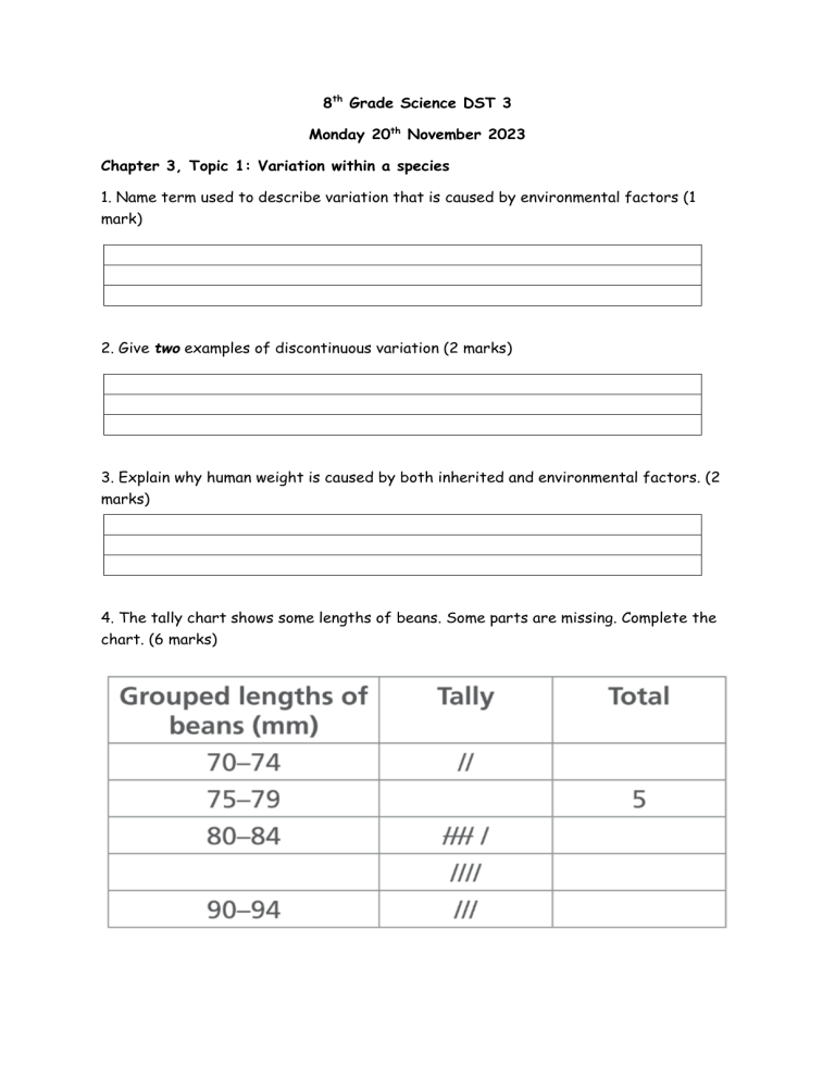 8th Grade Science Test: Variation, DNA, Fetal Development