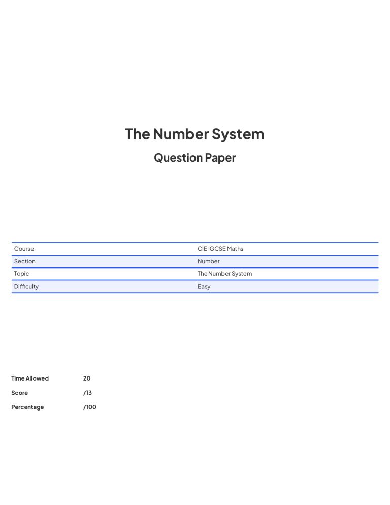 Number System Question Paper - IGCSE Maths