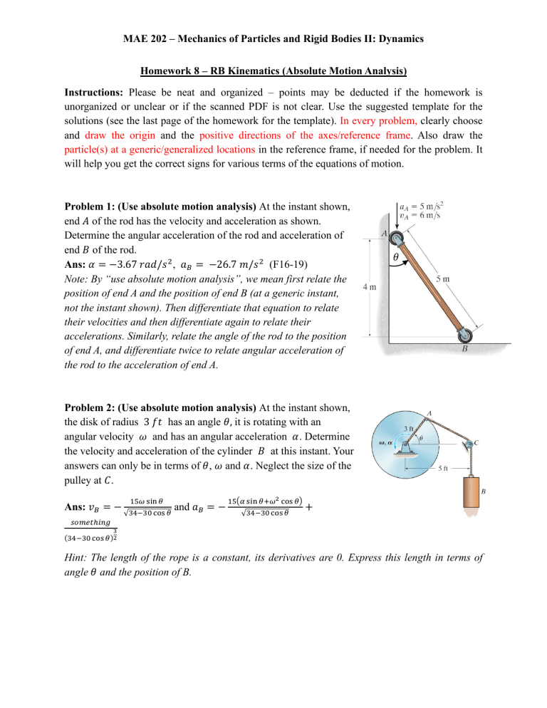 Dynamics Homework: Absolute Motion Analysis Problems