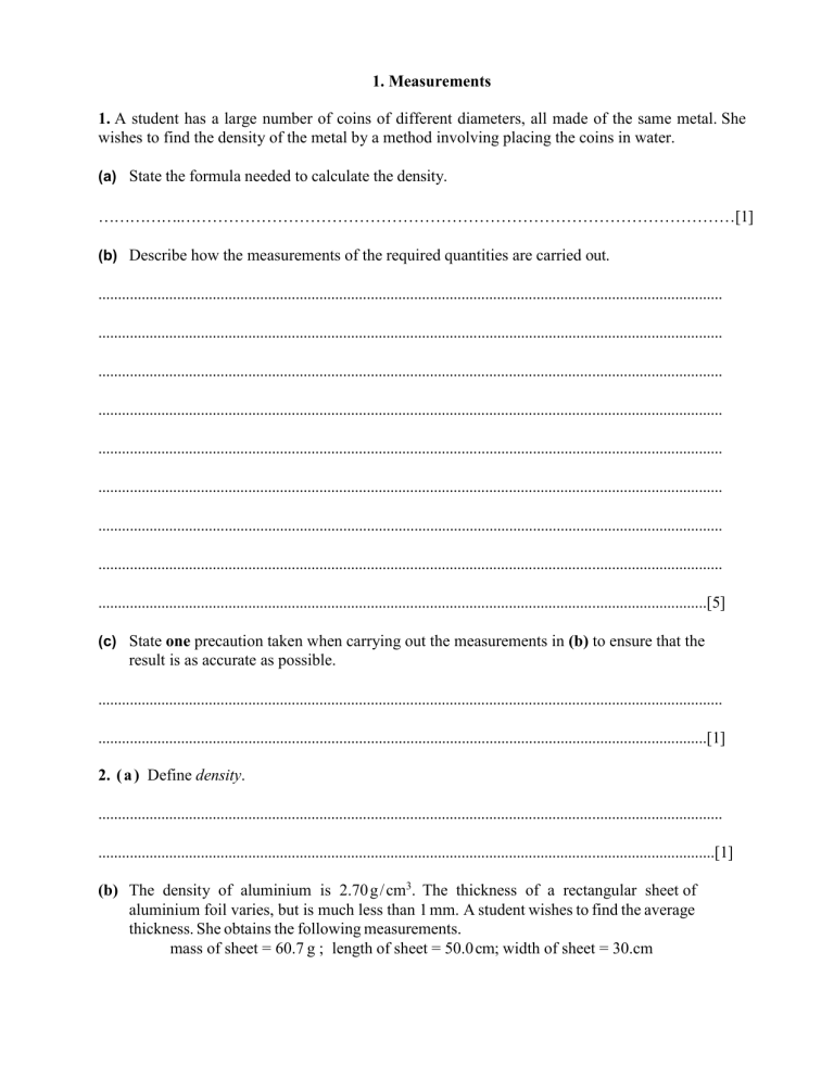Measurements & Density Exam: High School Physics