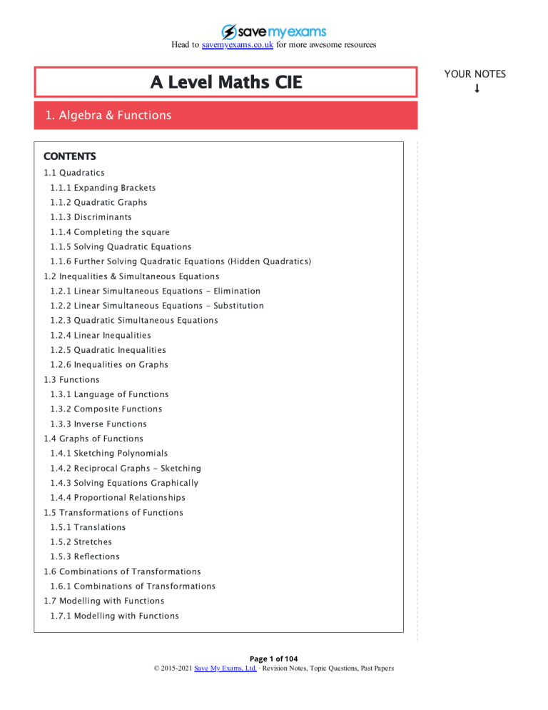 A Level Maths CIE: Algebra & Functions Revision Notes