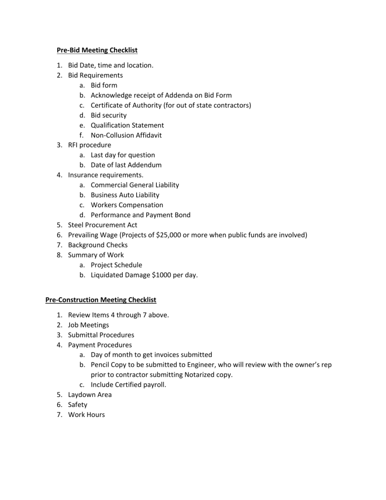 Construction Meeting Checklist: Pre-Bid & Pre-Construction