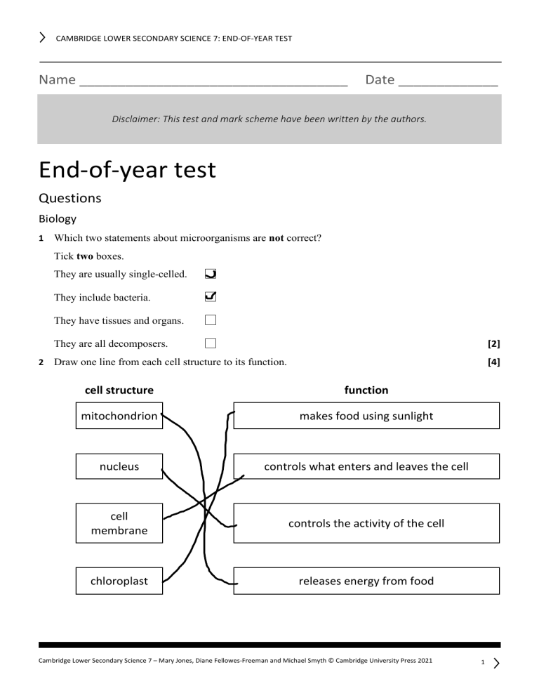 Cambridge Science 7 End-of-Year Test: Biology, Chemistry, Physics