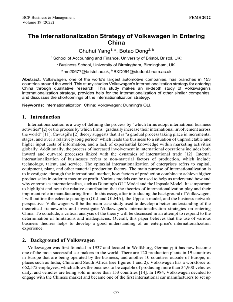 Volkswagen's China Internationalization Strategy: Dunning's OLI