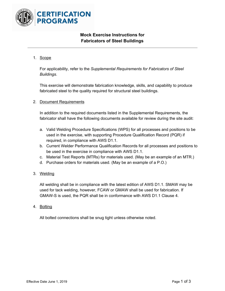 Steel Building Fabrication Mock Exercise Instructions