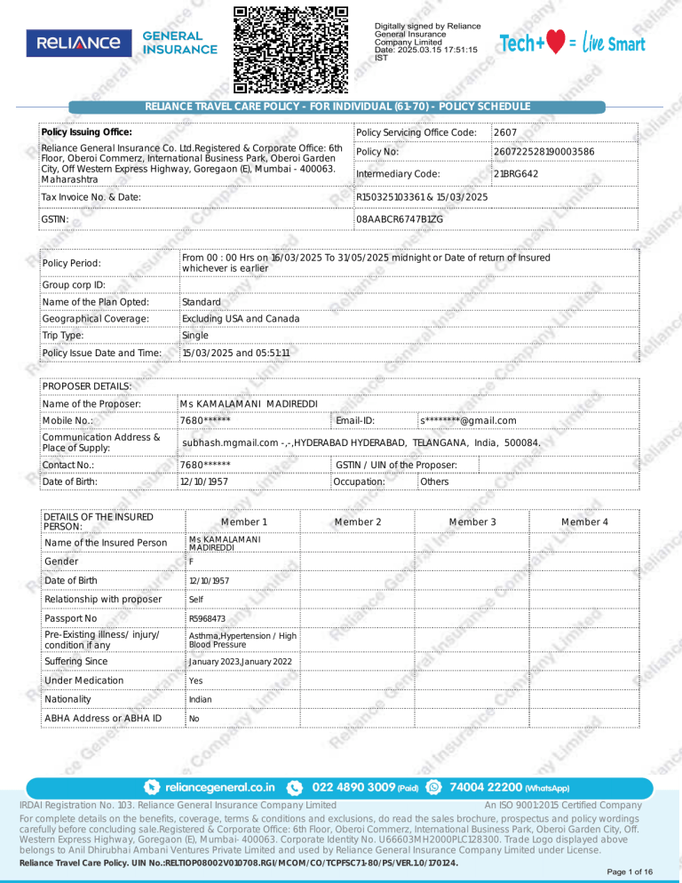 Reliance Travel Care Policy Schedule