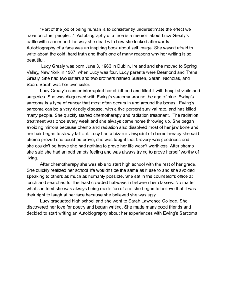 Lucy Grealy: Autobiography of a Face - Cancer & Self-Image