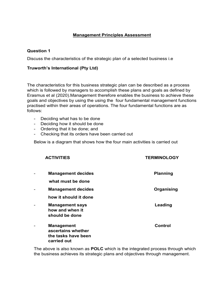 Management Principles Assessment: Strategic Planning & POLC