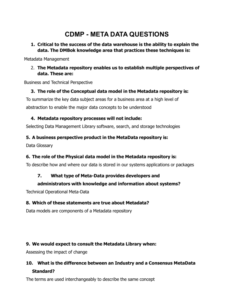 Metadata Management Questionnaire: Data Warehousing Concepts