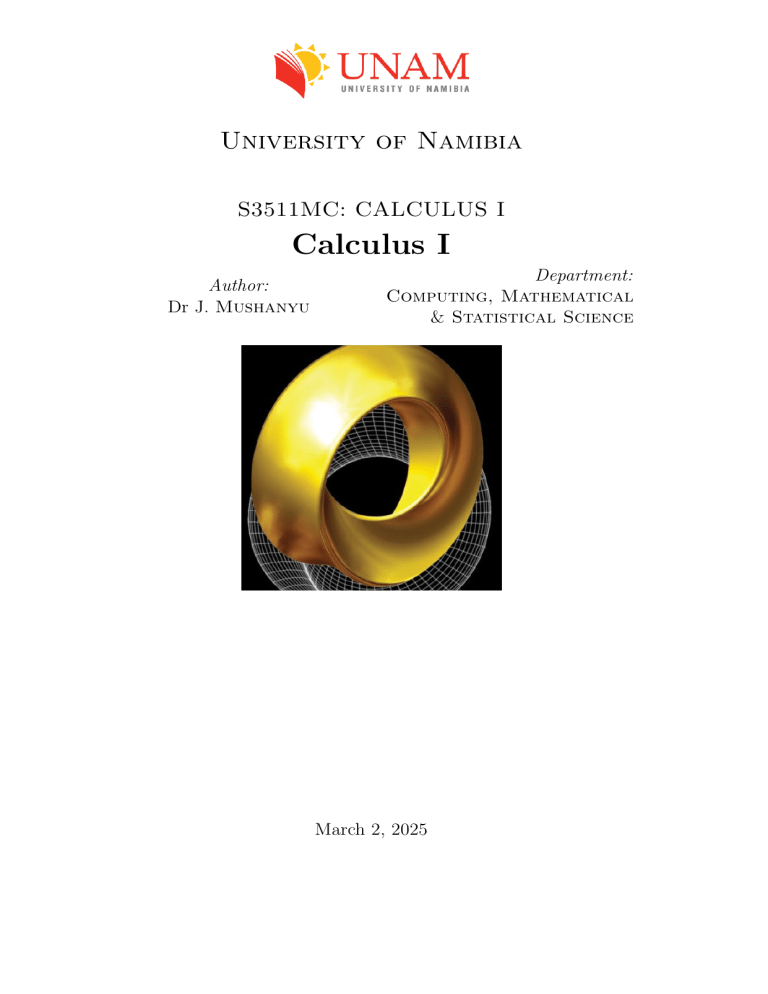 Calculus I Coursebook - University Level Mathematics