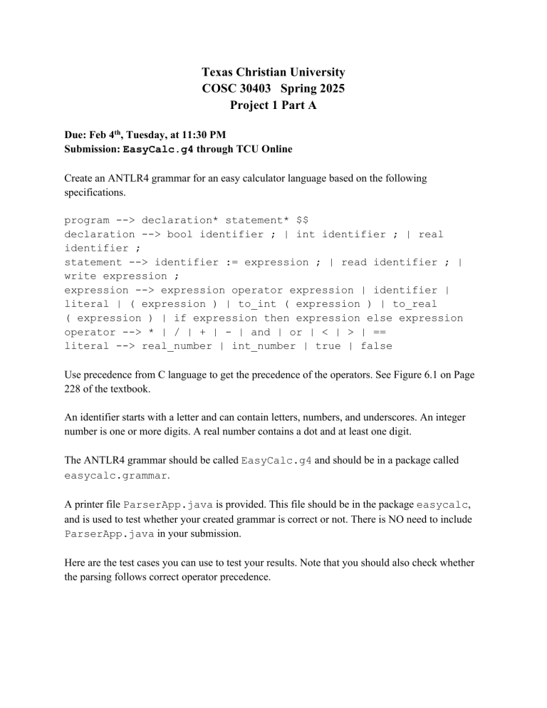 EasyCalc ANTLR4 Grammar Project - TCU COSC 30403