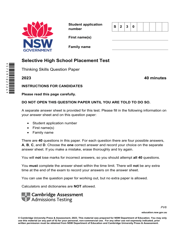 Thinking Skills Test: Selective High School Placement Paper