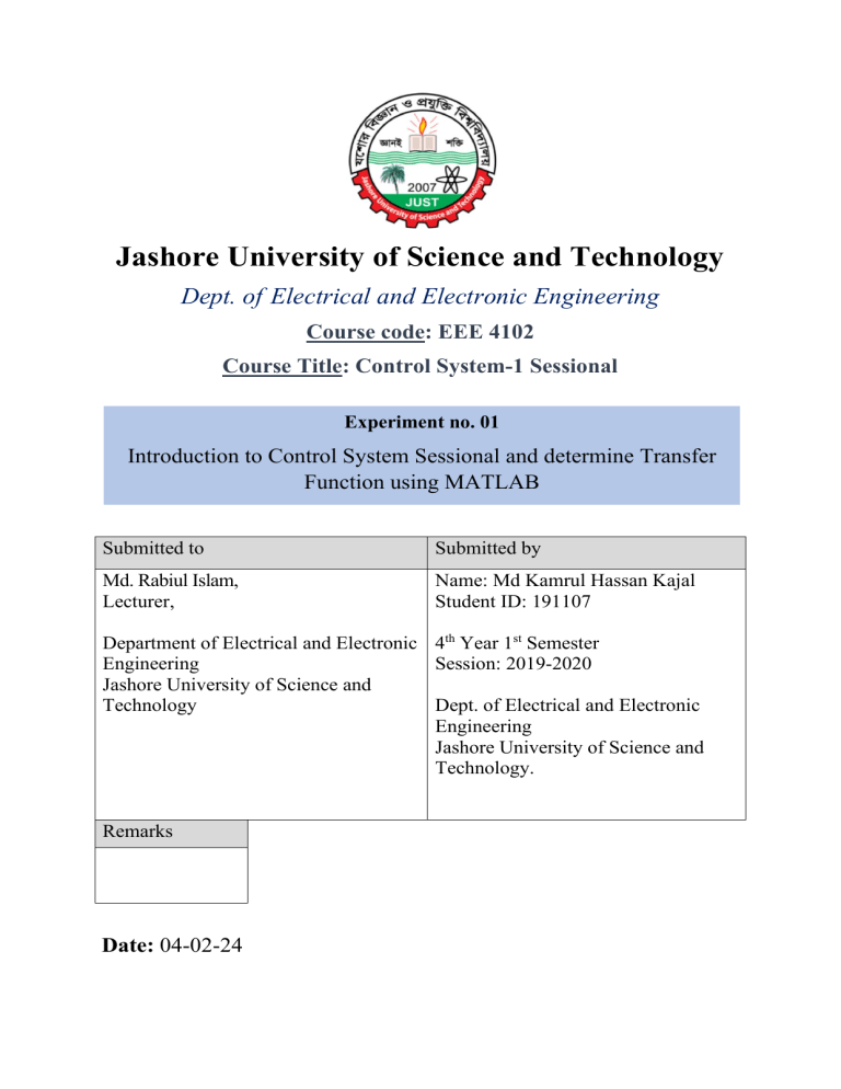 Control System Lab: Transfer Function with MATLAB