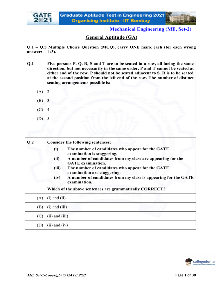 Mechanical Engineering GATE Exam Paper (Set-2) - General Aptitude