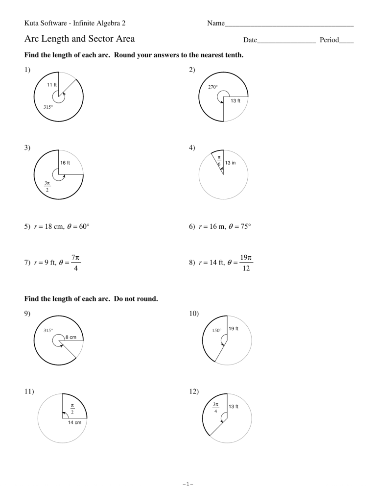 Arc Length & Sector Area Worksheet - Algebra 2