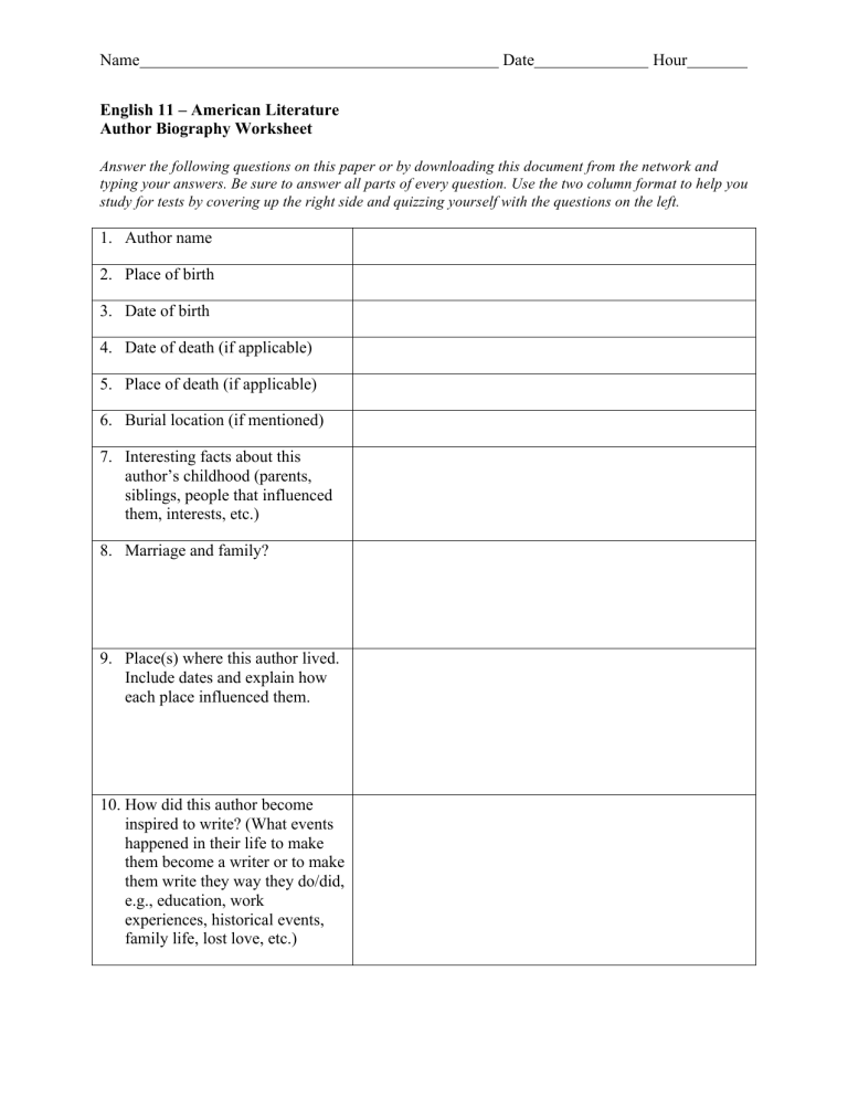 Author Biography Worksheet - American Literature