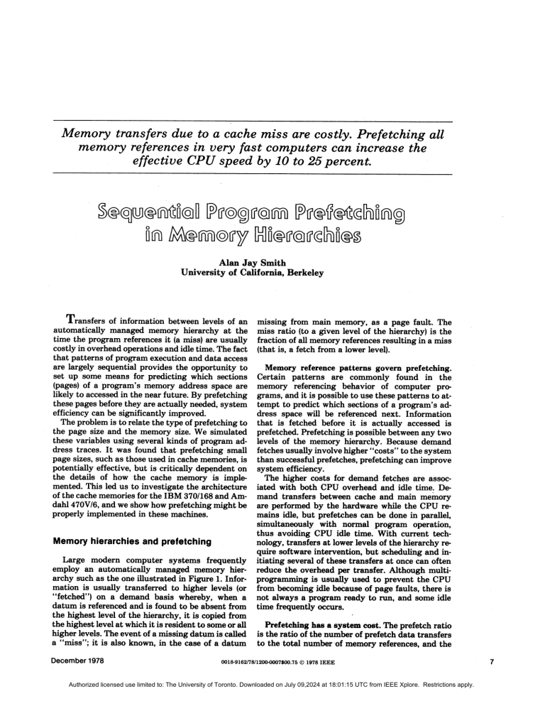 Sequential Program Prefetching In Memory Hierarchies
