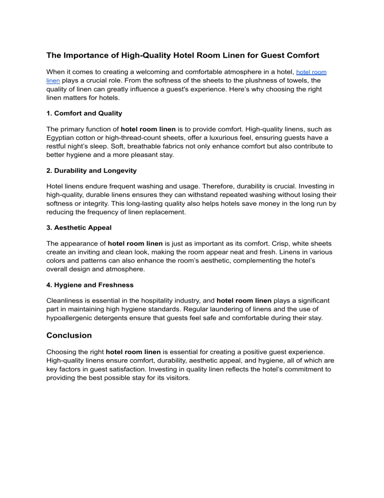 Hotel Room Linen: Importance of Quality for Guest Comfort