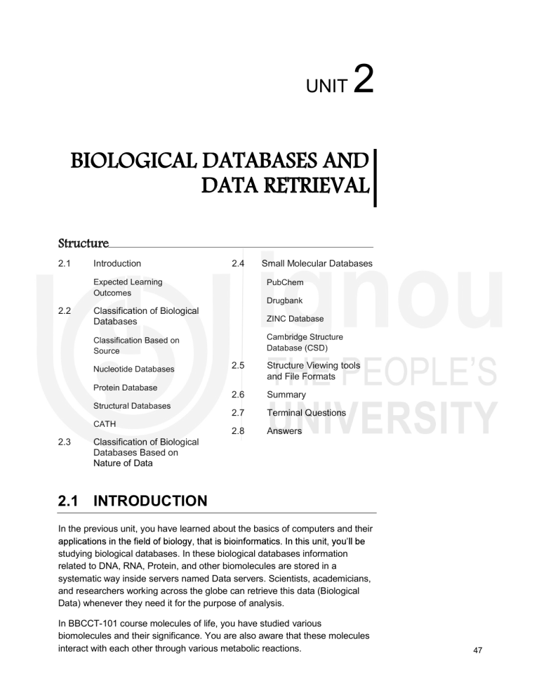 Biological Databases & Data Retrieval: Course Unit
