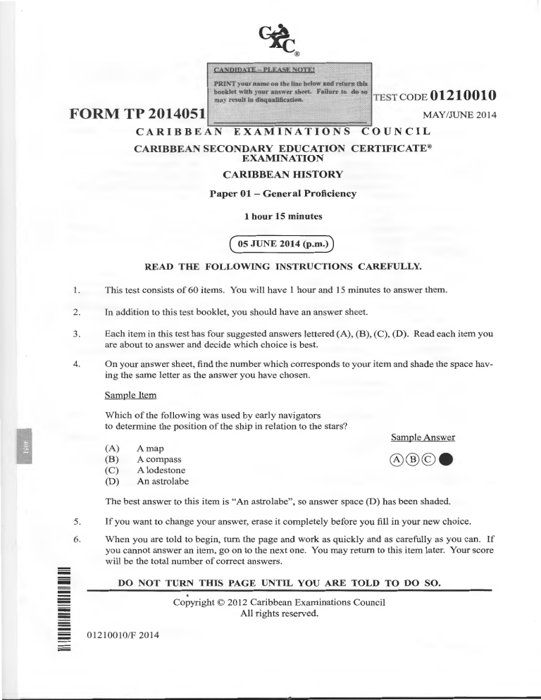 CSEC Caribbean History Exam Paper - General Proficiency