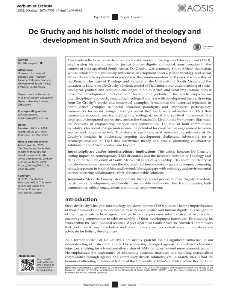 De Gruchy's Theology & Development Model in South Africa