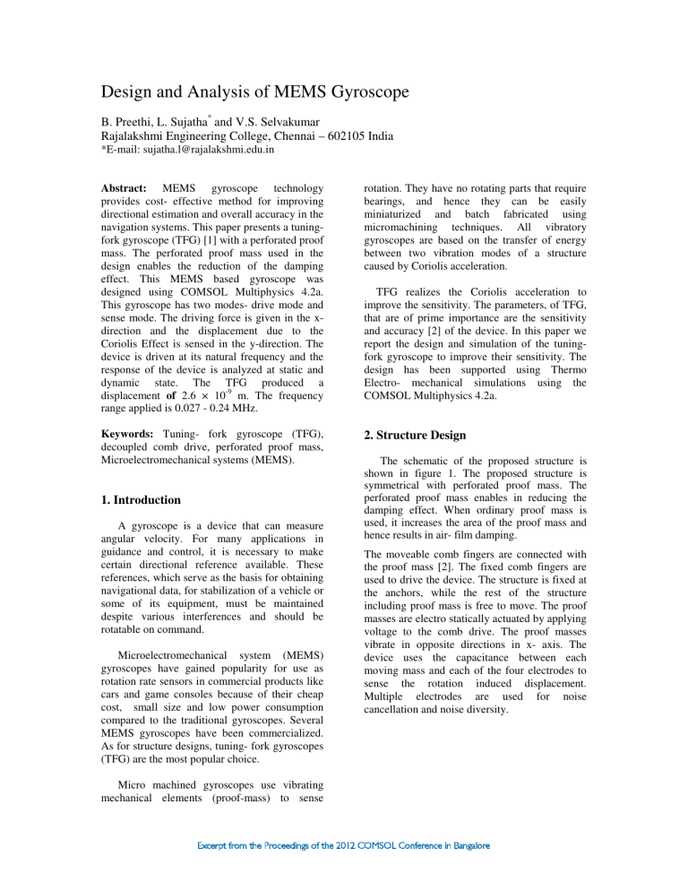 MEMS Gyroscope Design & Analysis: Tuning-Fork with Perforated Mass